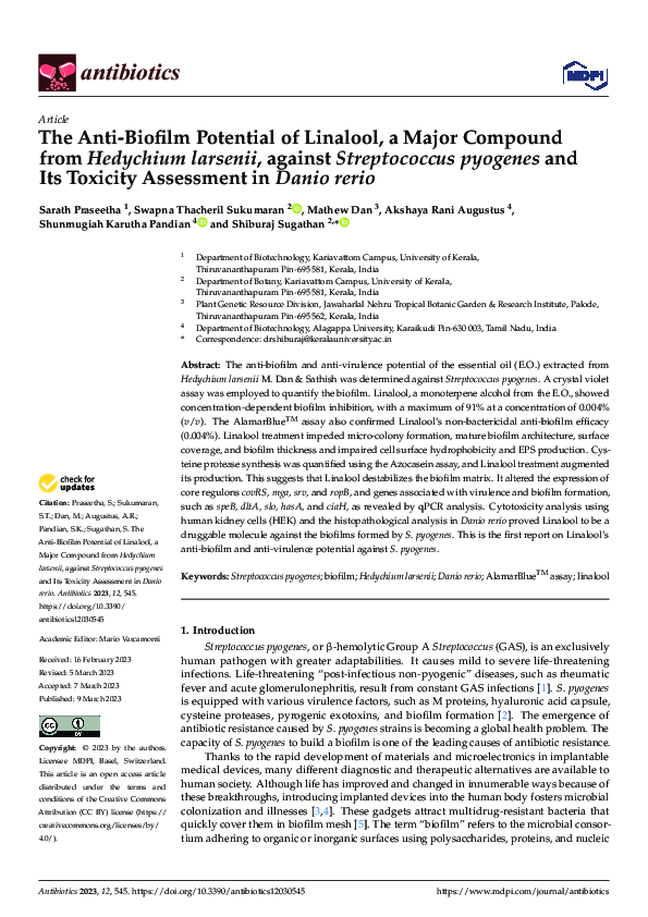 (PDF) The Anti-Biofilm Potential of Linalool, a Major Compound from Hedychium larsenii, against ...