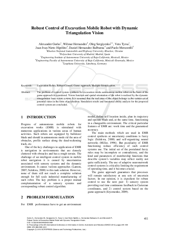 (PDF) Robust Control of Excavation Mobile Robot With Dynamic Triangulation Vision