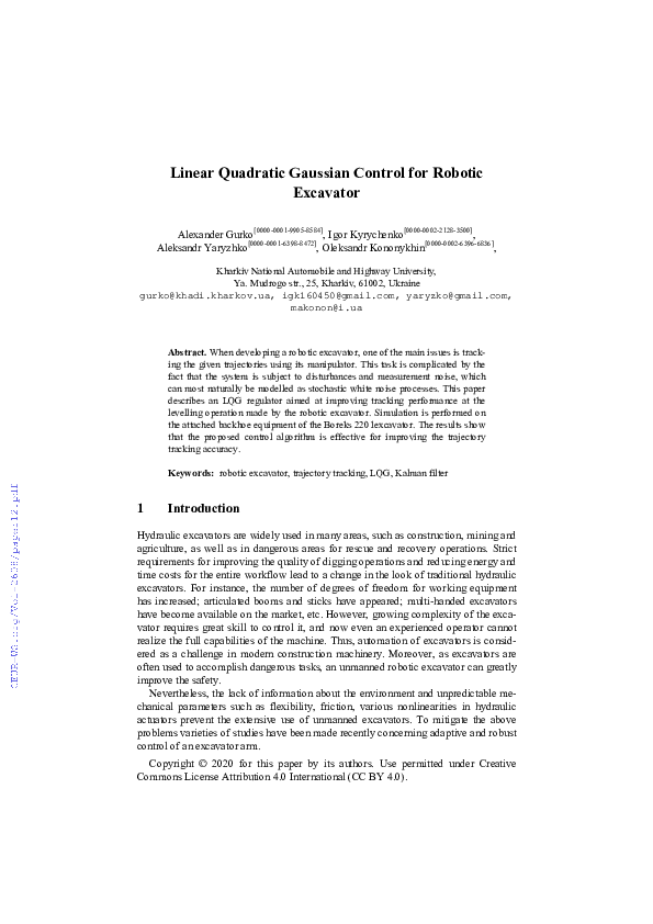 Pdf Linear Quadratic Gaussian Control For Robotic Excavator
