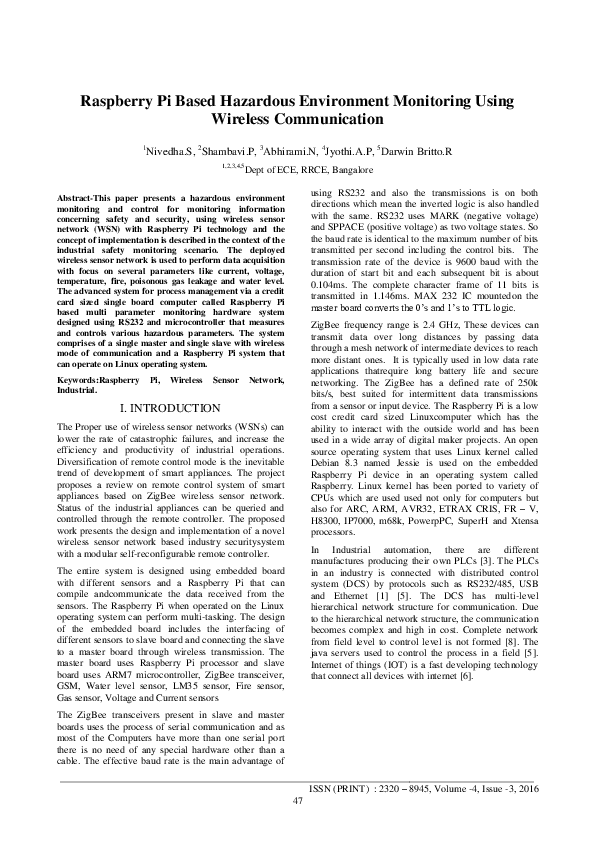 (PDF) Raspberry Pi Based Hazardous Environment Monitoring Using Wireless Communication