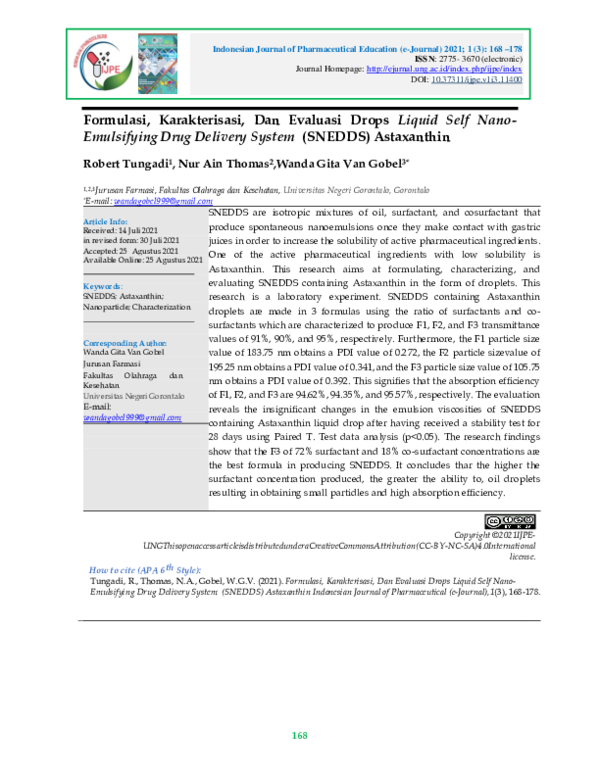 Pdf Formulasi Karakterisasi Dan Evaluasi Drops Liquid Self Nano Emulsifying Drug Delivery