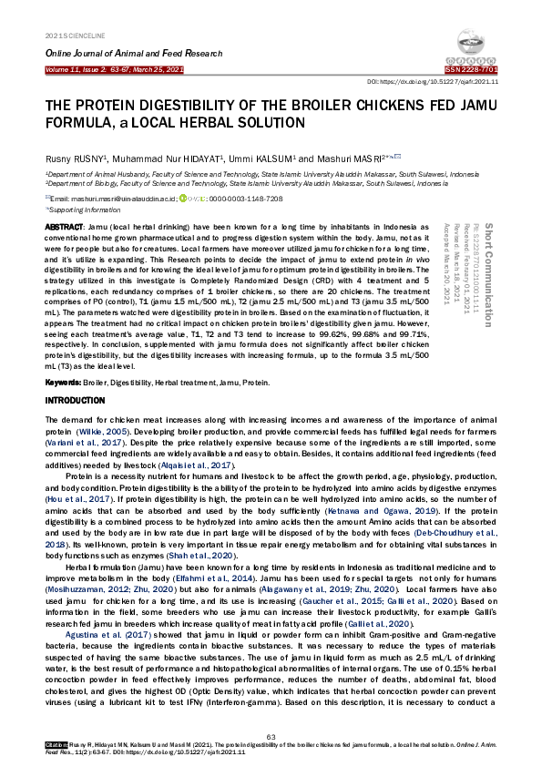 (PDF) The protein digestibility of the broiler chickens fed jamu ...