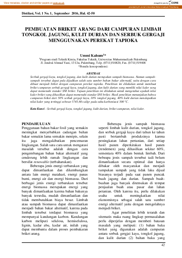 (PDF) Pembuatan Briket Arang Dari Campuran Limbah Tongkol Jagung, Kulit Durian Dan Serbuk ...