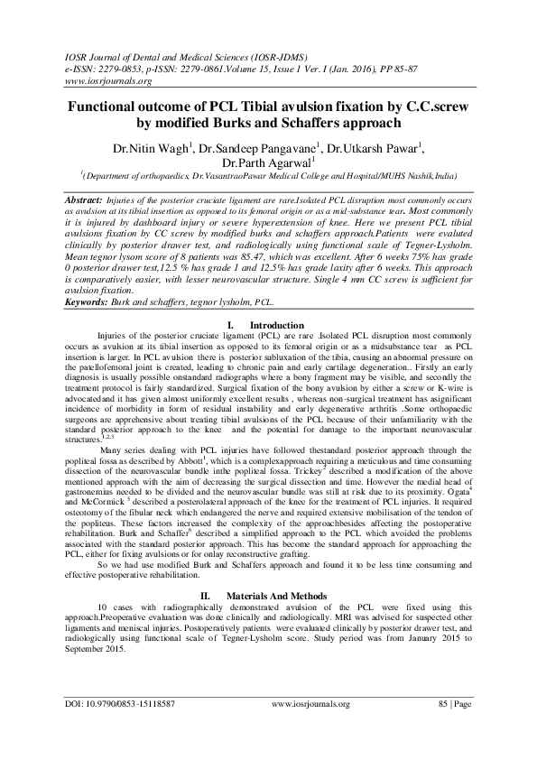 (PDF) Functional outcome of PCL Tibial avulsion fixation by C . C ...