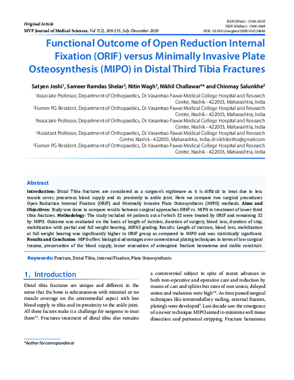 Pdf Functional Outcome Of Open Reduction Internal Fixation Orif