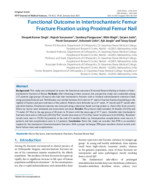 (PDF) Functional Outcome in Intertrochanteric Femur Fracture Fixation using Proximal Femur Nail ...