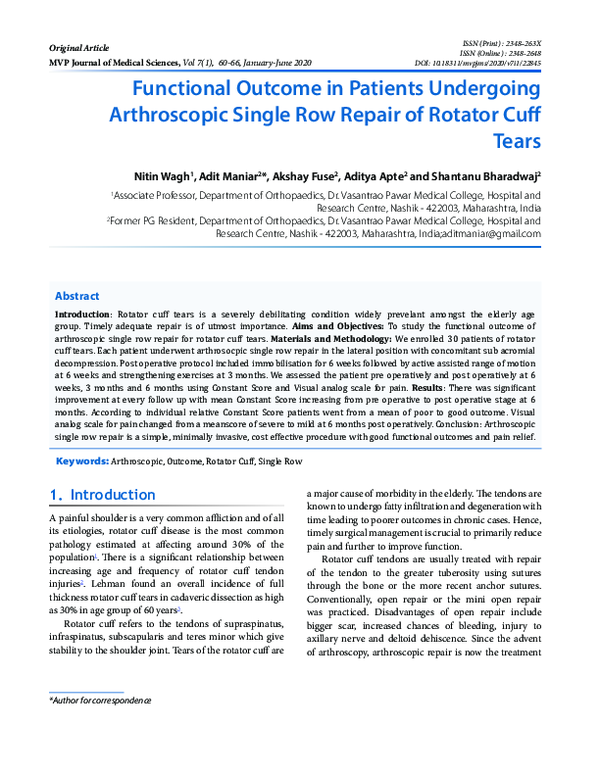 (PDF) Functional Outcome in Patients Undergoing Arthroscopic Single Row Repair of Rotator Cuff Tears