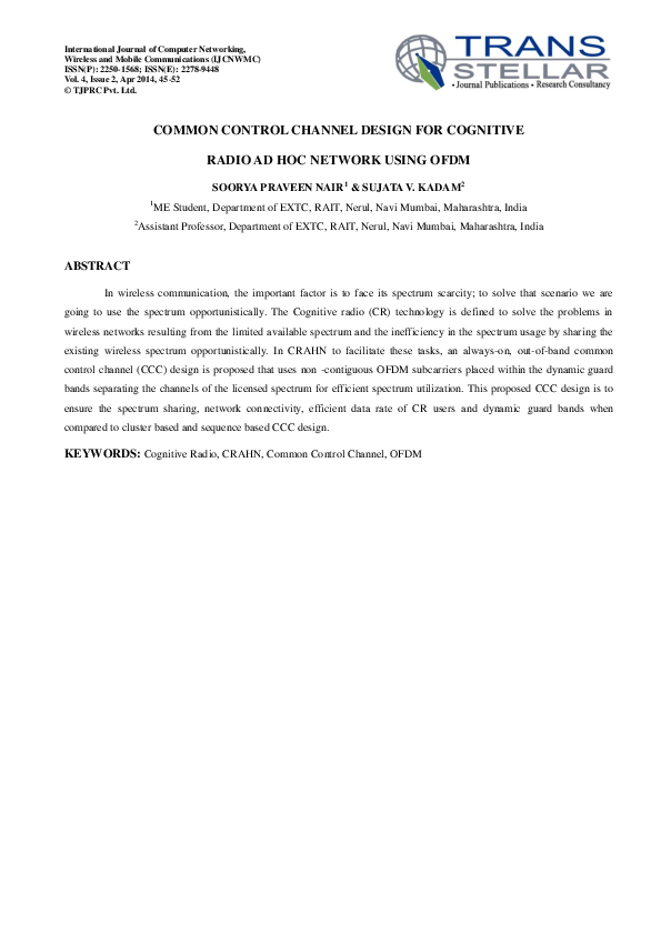 (PDF) Common Control Channel Design for Cognitive Radio Ad Hoc Network Using Ofdm
