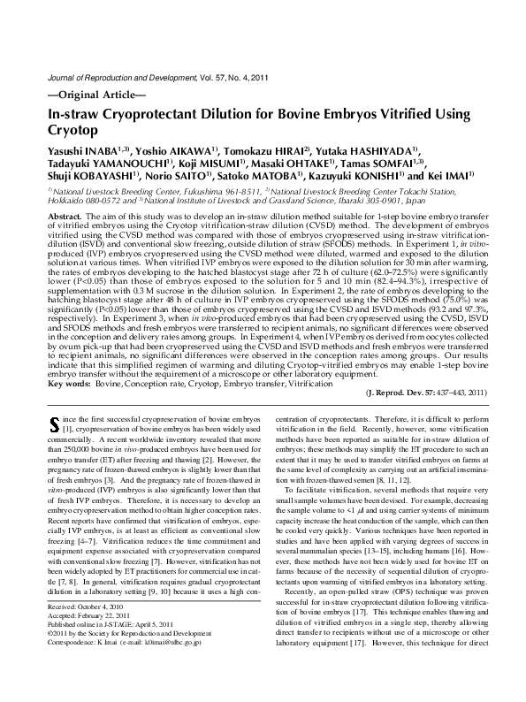 (PDF) In-straw Cryoprotectant Dilution for Bovine Embryos Vitrified ...