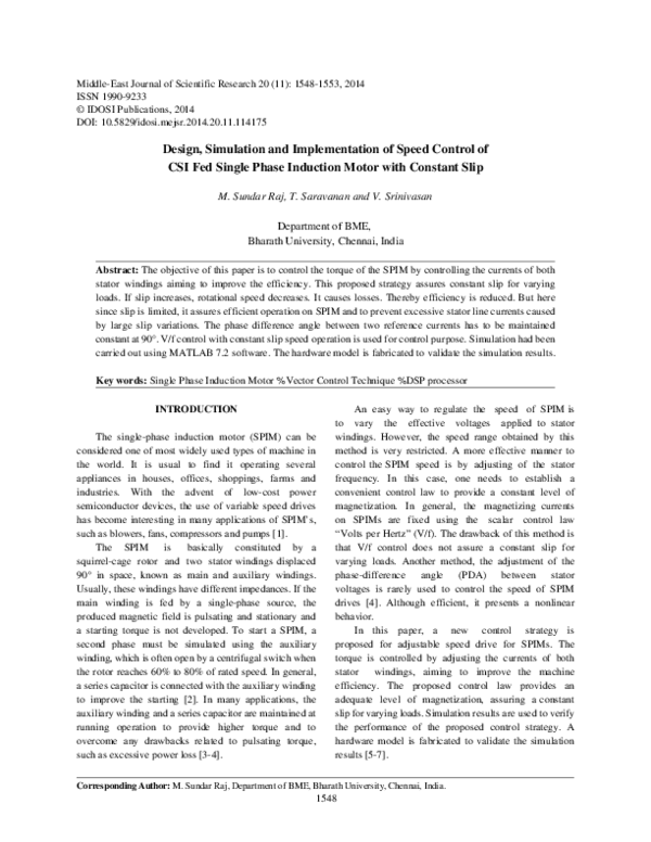 Pdf Speed Control Of A Three Phase Induction Motor Fed From A Single