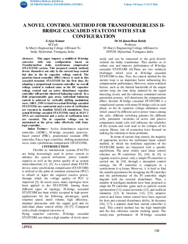 Pdf A Novel Control Method For Transformerless H Bridge Cascaded Statcom With Star Configuration