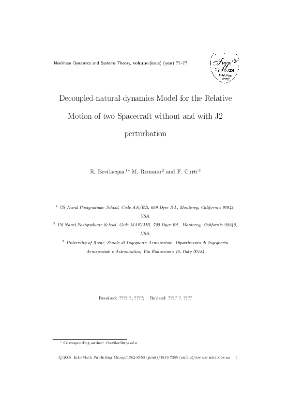 Pdf Decoupled Natural Dynamics Model For The Relative Motion Of Two Spacecraft Without And