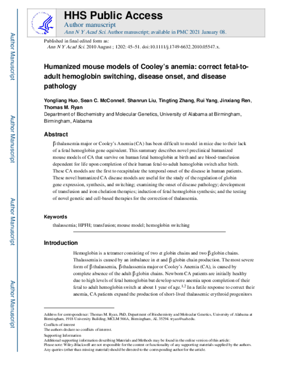 (PDF) Humanized mouse models of Cooley's anemia: correct fetal-to-adult ...