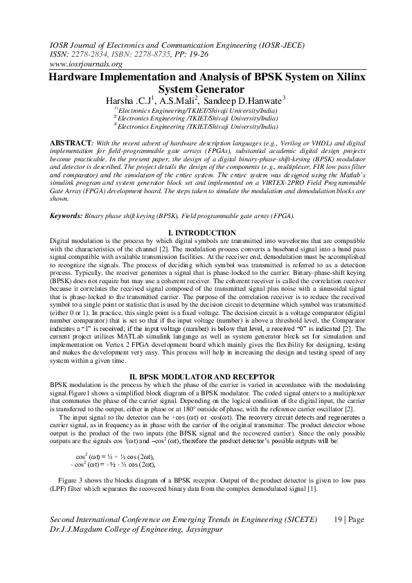 Pdf Hardware Implementation And Analysis Of Bpsk System On Xilinx