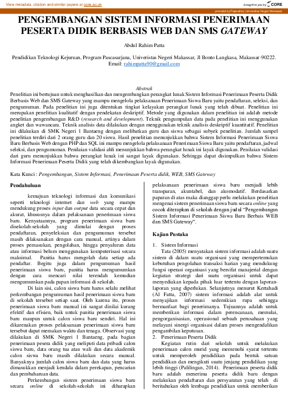 (PDF) Pengembangan Sistem Informasi Penerimaan Peserta Didik Berbasis Web Dan SMS Gateway