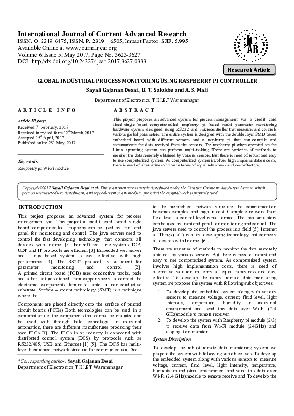 Pdf Global Industrial Process Monitoring Using Raspberry Pi Controller Mr A S Mali