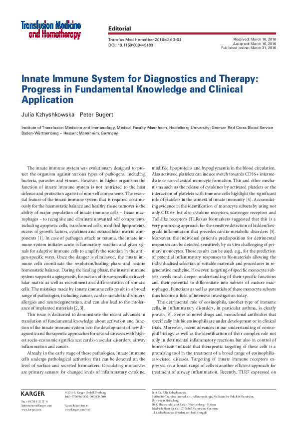 (PDF) Innate Immune System for Diagnostics and Therapy: Progress in Fundamental Knowledge and ...
