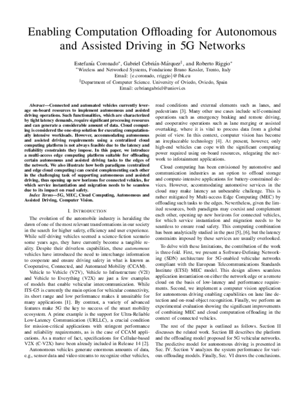 Pdf Enabling Computation Offloading For Autonomous And Assisted Driving In 5g Networks