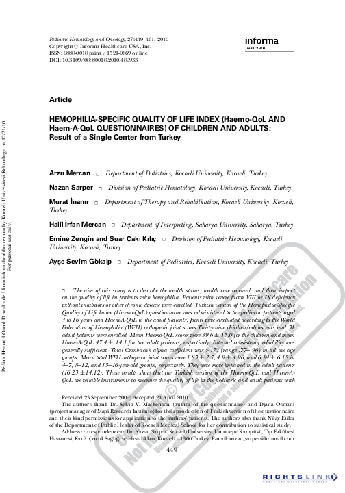 (PDF) HEMOPHILIA-SPECIFIC QUALITY OF LIFE INDEX (Haemo-QoL AND Haem-A-QoL QUESTIONNAIRES) OF ...