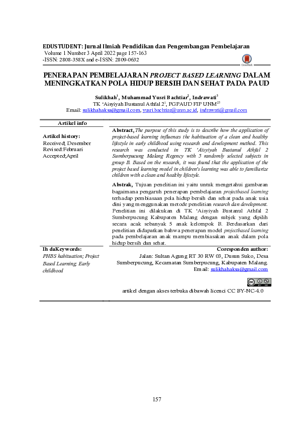 (PDF) Penerapan Pembelajaran Project Based Learning Dalam Meningkatkan Pola Hidup Bersih Dan ...