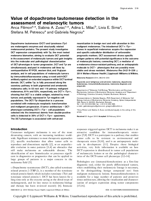 (PDF) Value of dopachrome tautomerase detection in the assessment of ...