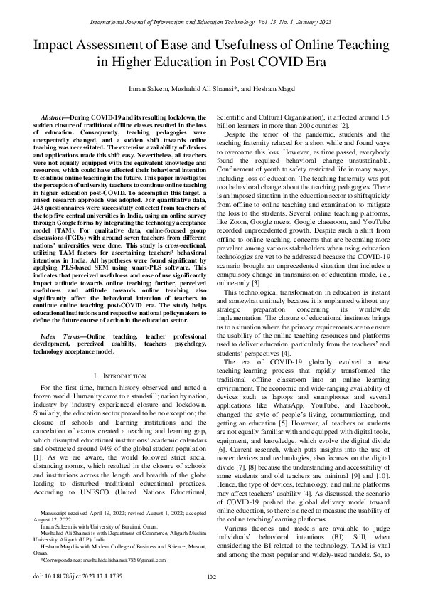 (PDF) Impact Assessment of Ease and Usefulness of Online Teaching in ...