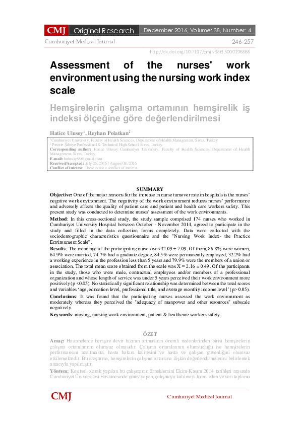 (PDF) Assessment of the nurses' work environment using the nursing work ...
