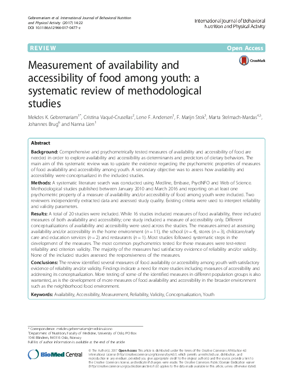 (PDF) Measurement of availability and accessibility of food among youth: a systematic review of ...
