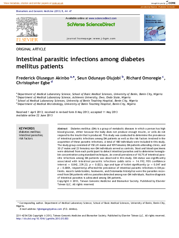 (PDF) Intestinal parasitic infections among diabetes mellitus patients