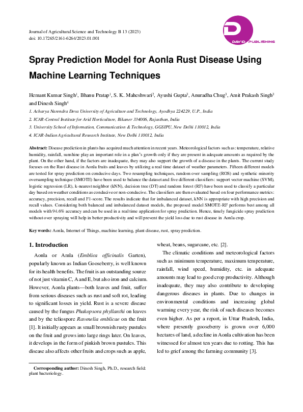(PDF) Spray Prediction Model for Aonla Rust Disease Using Machine Learning Techniques