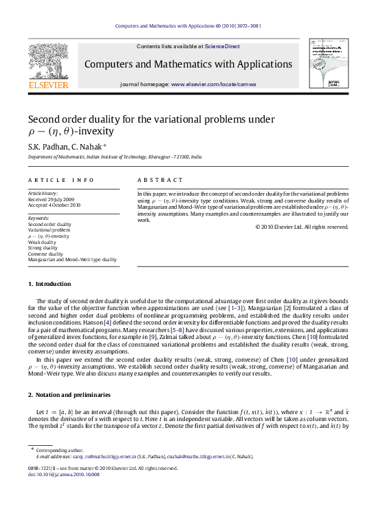 (PDF) Second order duality for the variational problems under ρ−(η,θ)-invexity