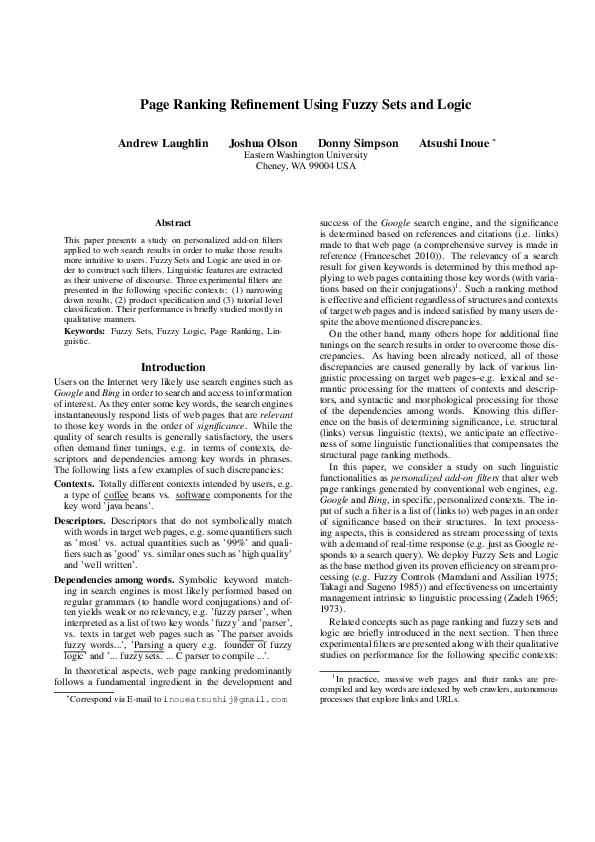 (PDF) Page Ranking Refinement Using Fuzzy Sets and Logic