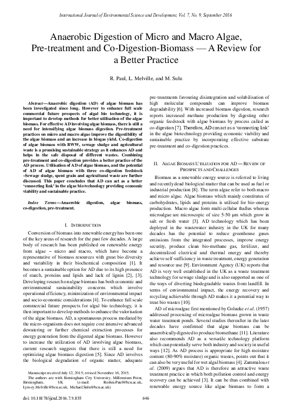 (PDF) Anaerobic Digestion of Micro and Macro Algae, Pre-treatment and ...