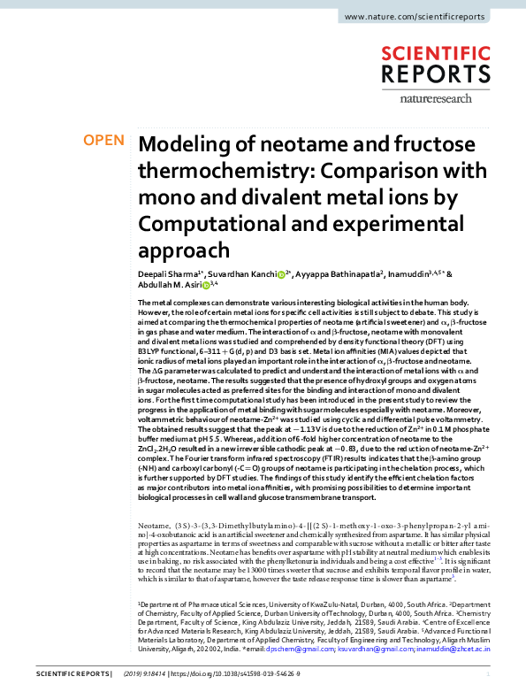 (PDF) Modeling of neotame and fructose thermochemistry: Comparison with ...