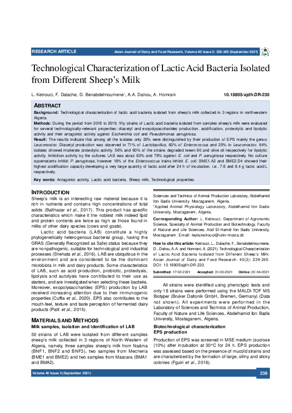 (PDF) Technological Characterization of Lactic Acid Bacteria Isolated ...