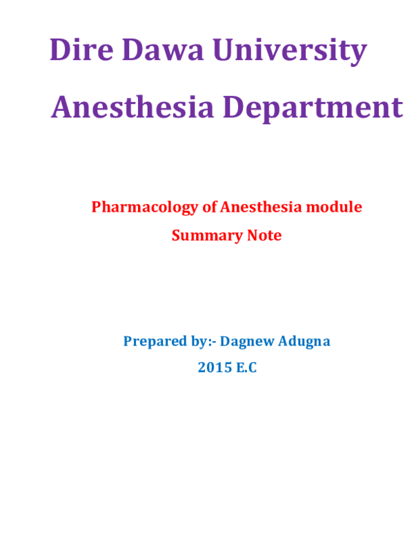 (PDF) Pharmacology of Anesthesia Module Part one | Dagne Adugna ... (PDF) Pharmacology of Anesthesia Module Part one | Dagne Adugna ...