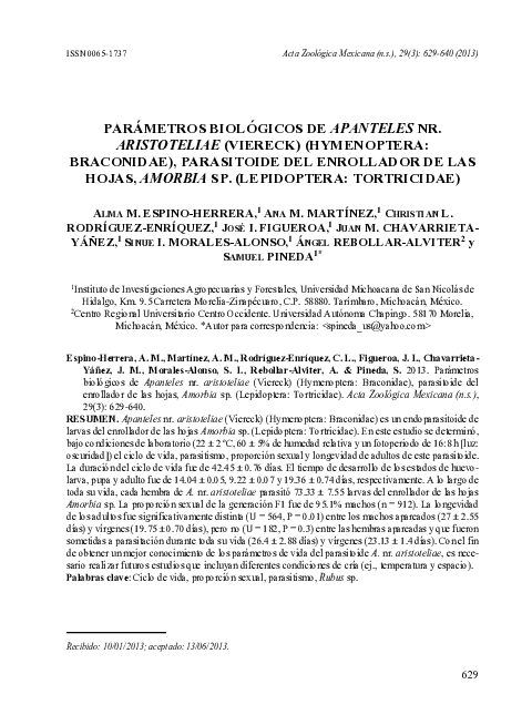 (PDF) Parámetros Biológicos De Apanteles Nr. Aristoteliae (Viereck ...
