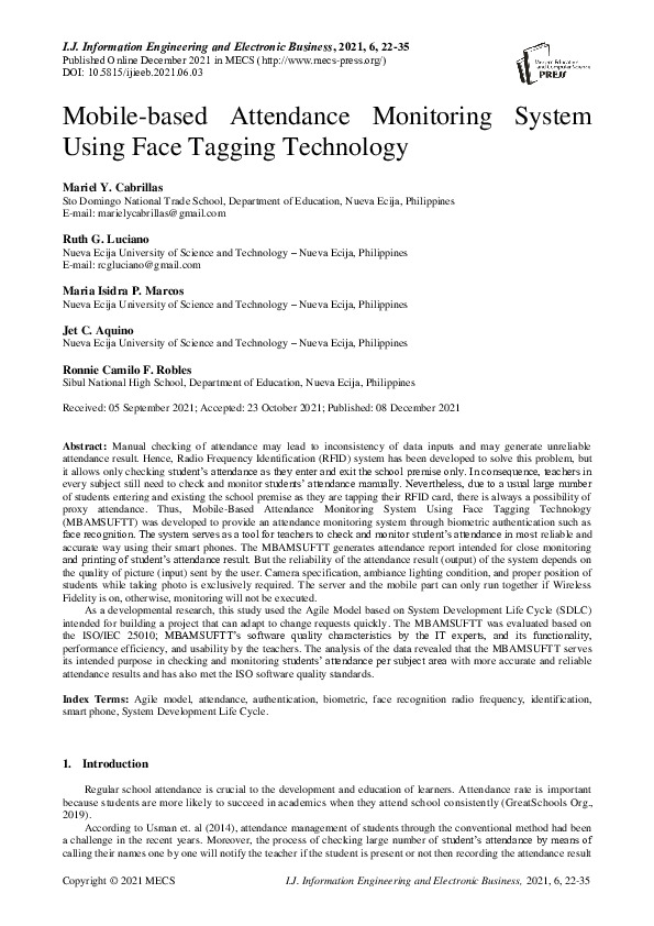 (PDF) Mobile-based Attendance Monitoring System Using Face Tagging Technology
