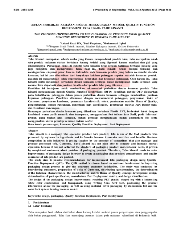 (PDF) Usulan Perbaikan Kemasan Produk Menggunakan Metode Quality Function Deployment Pada Usaha ...