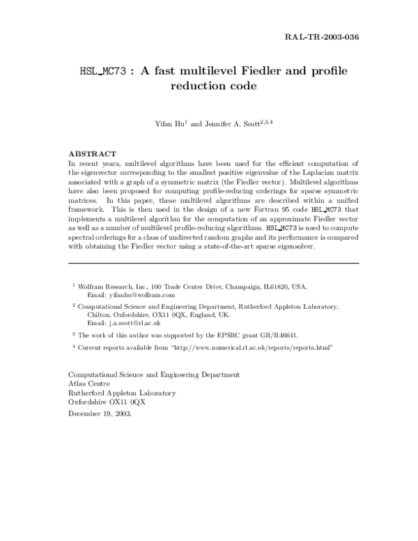 (PDF) HSL MC73: a fast multilevel Fiedler and profile reduction code