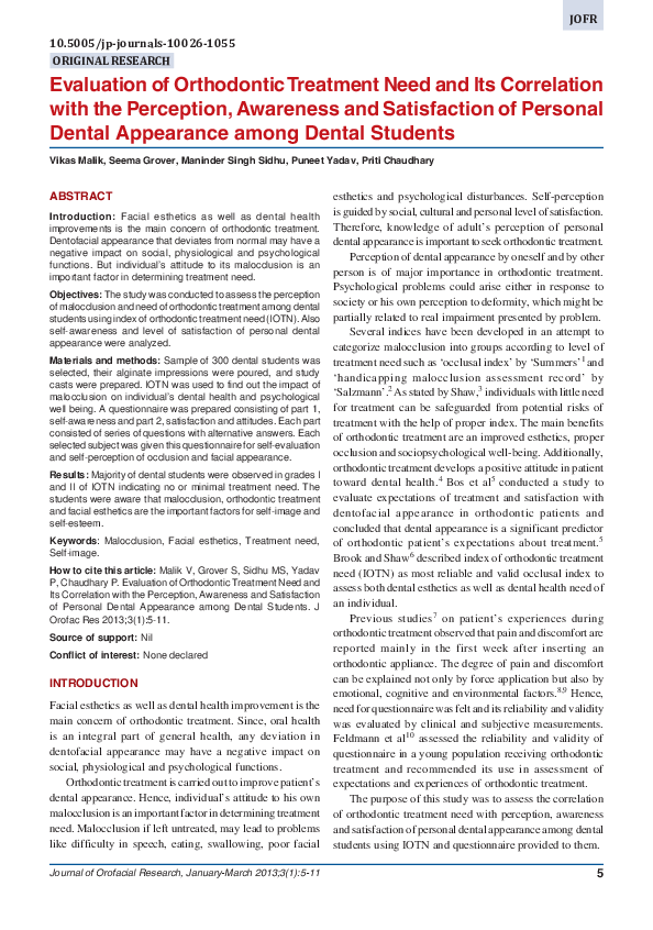 (PDF) Evaluation of Orthodontic Treatment Need and Its Correlation with the Perception ...