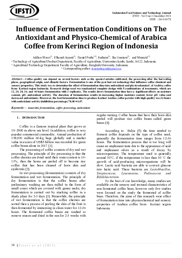 (PDF) Influence of Fermentation Conditions on The Antioxidant and Physico-Chemical of Arabica ...
