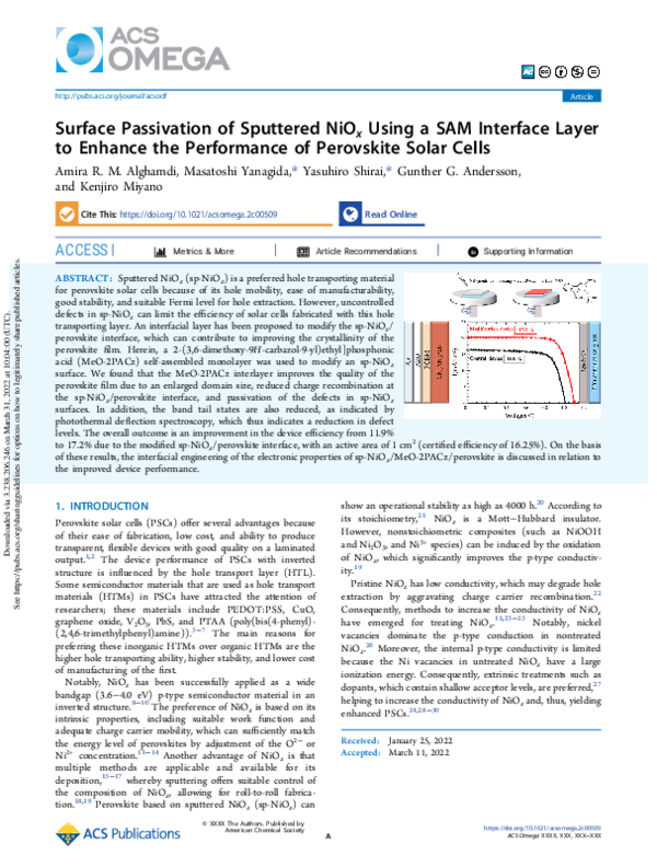 (PDF) Surface Passivation of Sputtered NiOx Using a SAM Interface Layer to Enhance the ...
