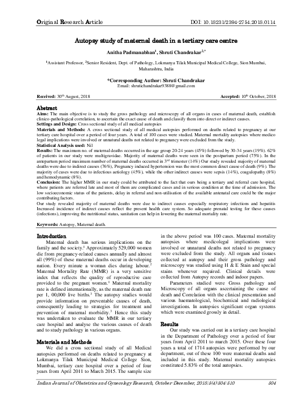 (PDF) Autopsy study of maternal death in a tertiary care centre