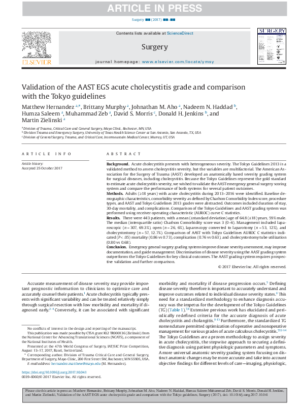 (PDF) Validation of the AAST EGS acute cholecystitis grade and ...