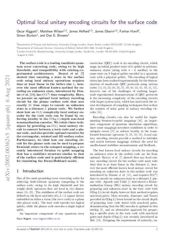 (PDF) Optimal local unitary encoding circuits for the surface code | Farhan Hanif - Academia.edu