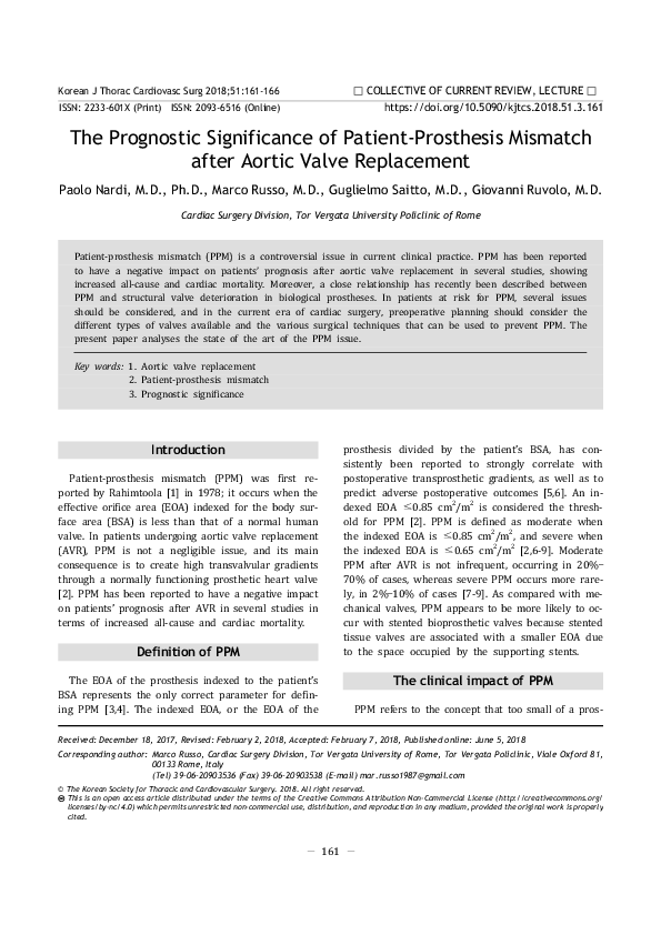 (PDF) The Prognostic Significance of Patient-Prosthesis Mismatch after Aortic Valve Replacement