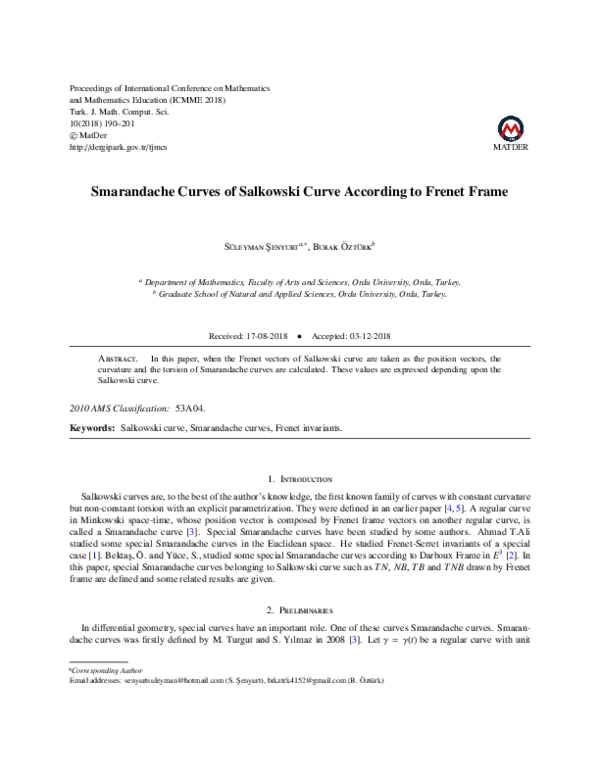 (PDF) Smarandache Curves of Salkowski Curve According to Frenet Frame