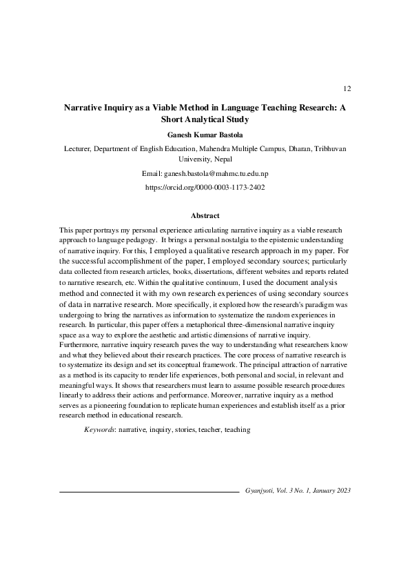 (PDF) Narrative Inquiry as a Viable Method in Language Teaching ...