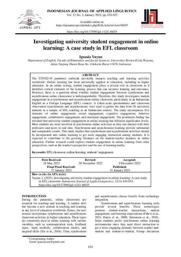 (PDF) Investigating university student engagement in online learning: A case study in EFL classroom